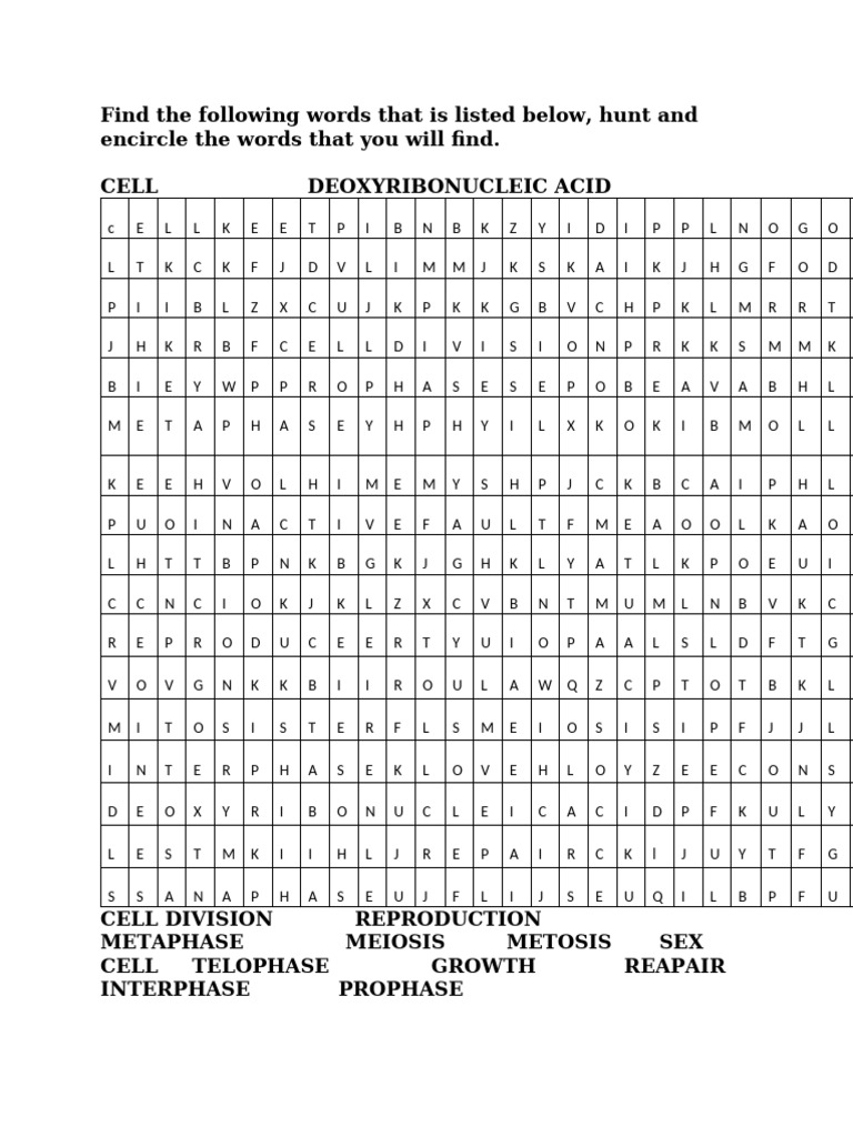 Word Search: Cell Division Terms | PDF | Digestion | Mitosis
