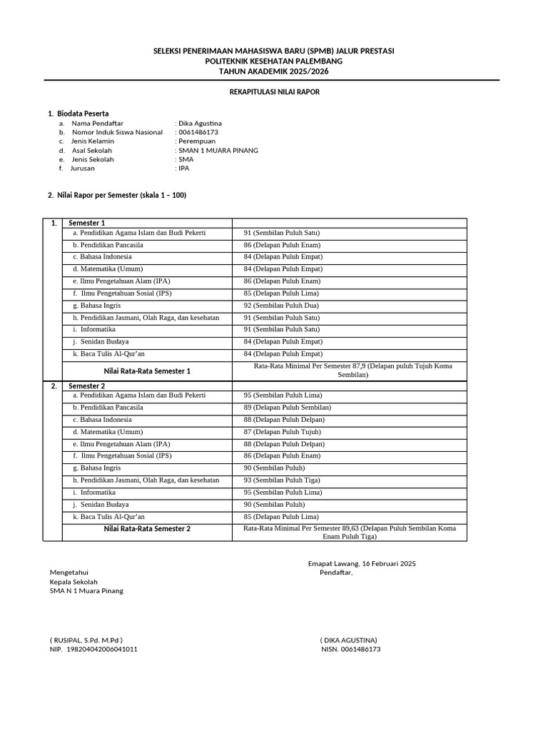 Rekap Nilai Rapor SPMB Politeknik 2025 | PDF
