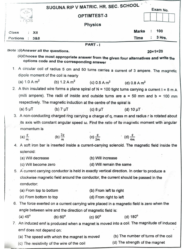 Physics Unit 3 & 8 Question Paper | PDF