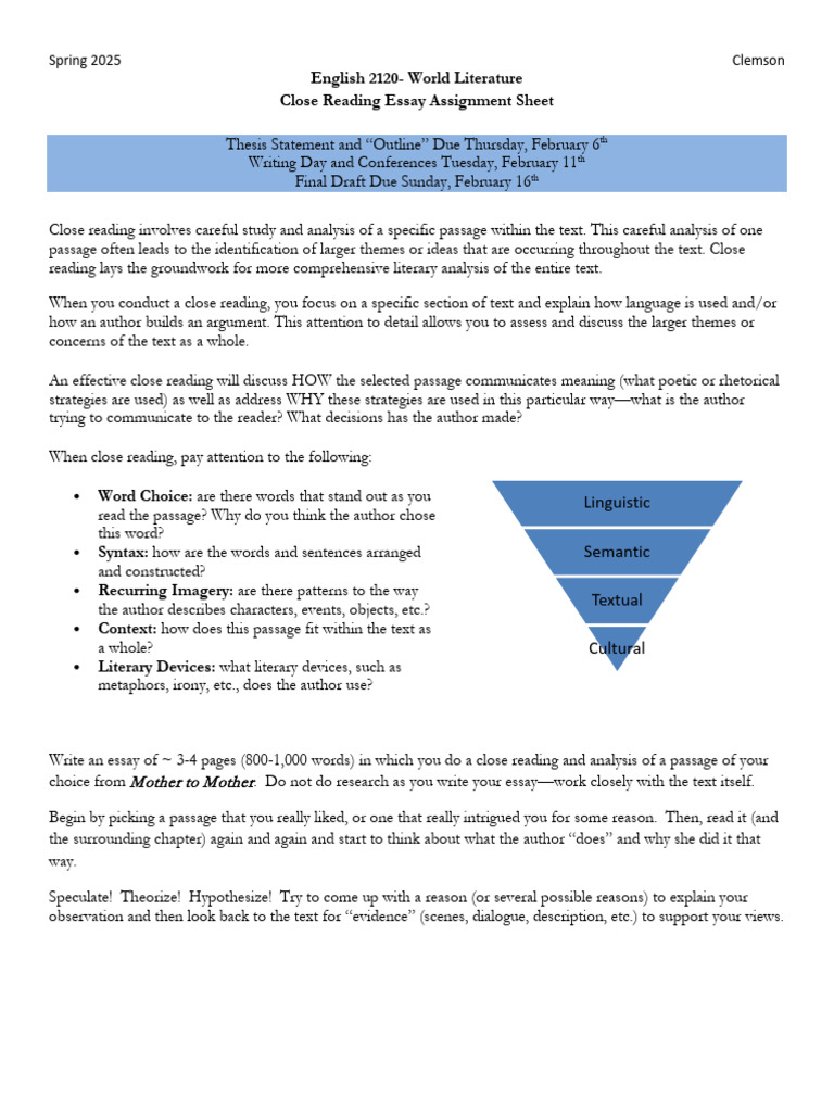English 2120 CLose Reading Assignment Sheet 2025 | PDF | Semantics | Narration