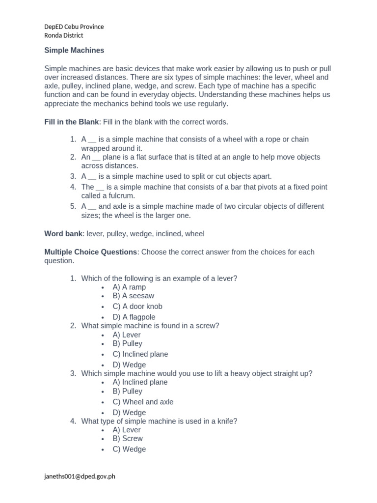 Simple Machines-Quiz | PDF | Machines | Lever