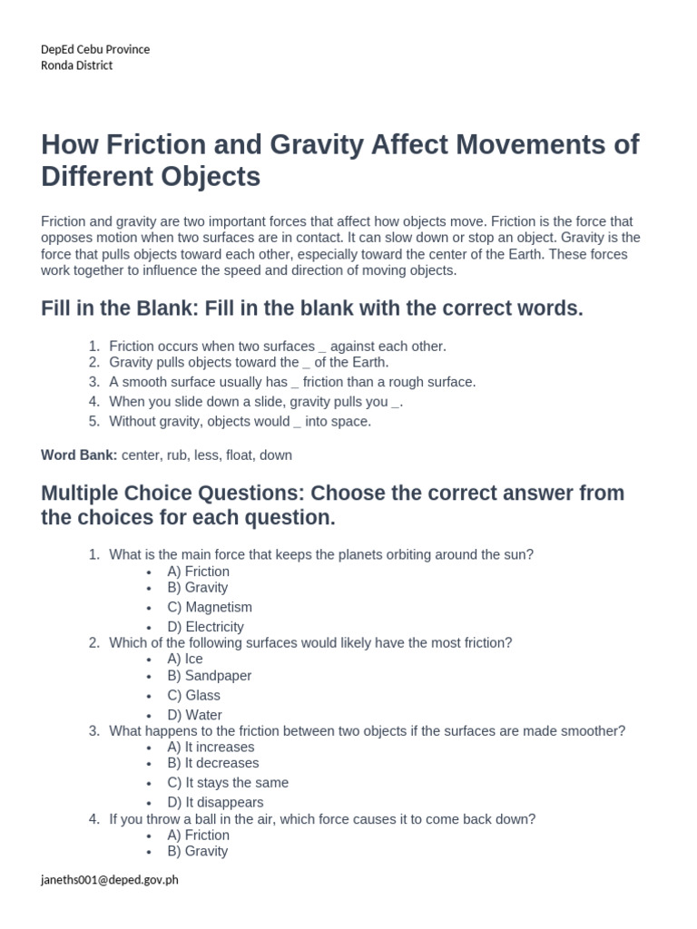 How Friction and Gravity Affect Movements of Different Objects6-Quiz ...