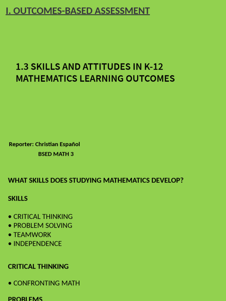 1.3 Skills and Attitudes in K 12 Mathematics Learning Outcomes | PDF