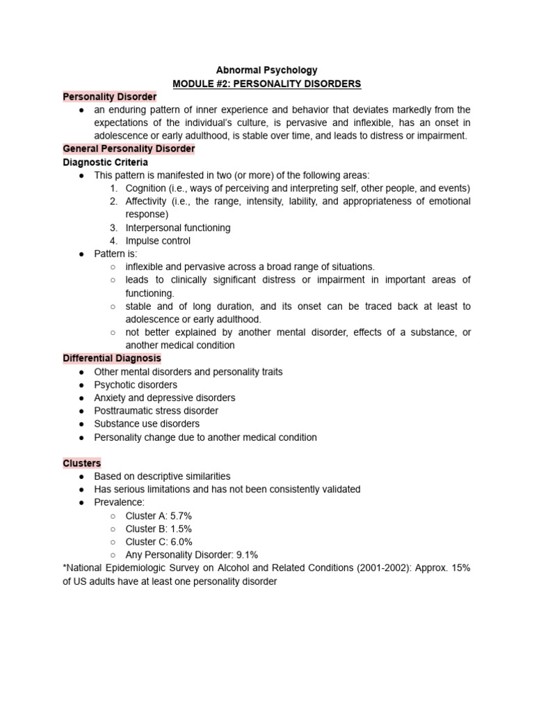 Notes - Abnormal Psych - Personality Disorders | PDF | Personality ...
