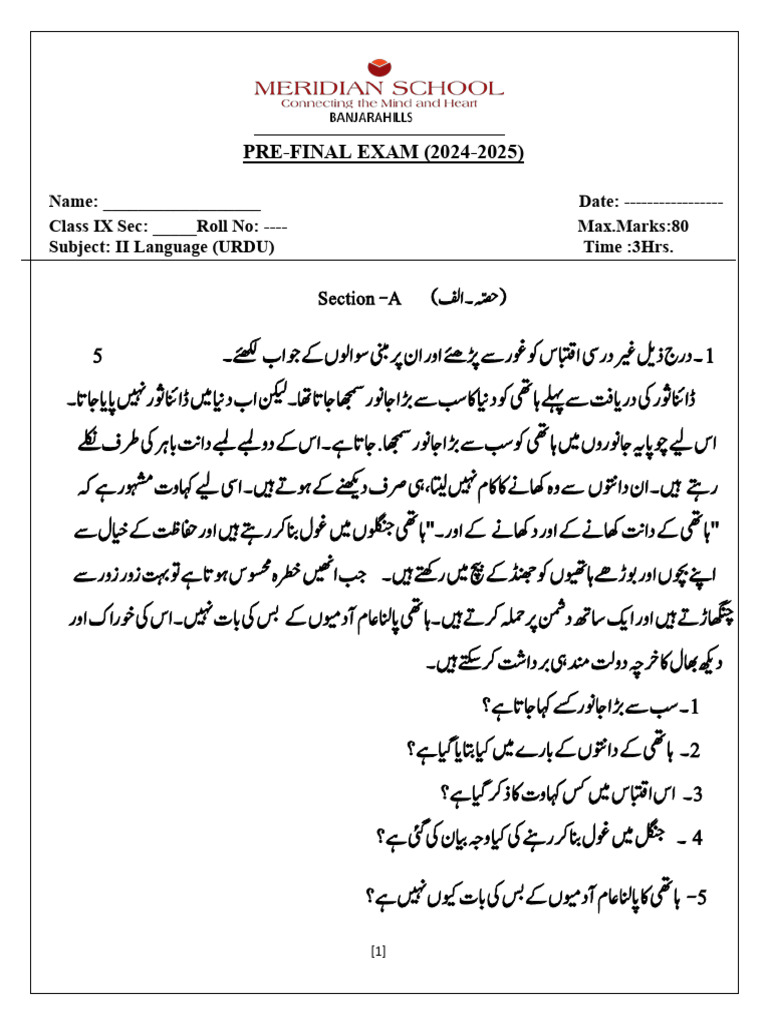 Class 9th Pre Final Question Paper 2023-24 | PDF