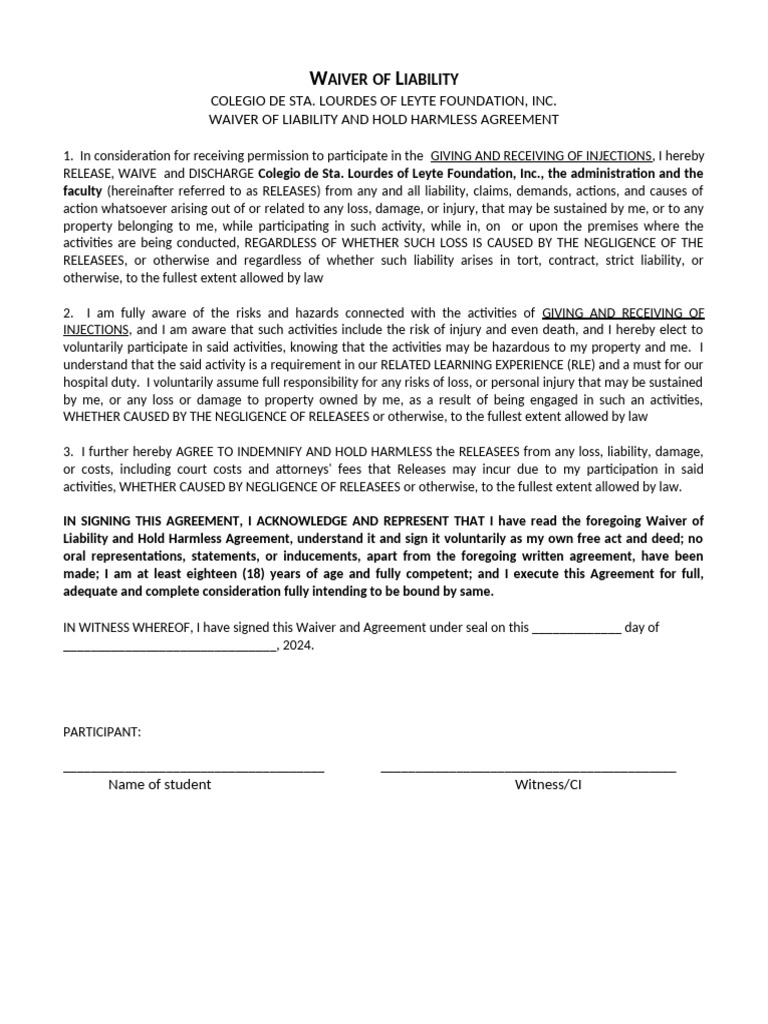 Generic-Waiver-of-Liability | PDF | Indemnity | Legal Liability