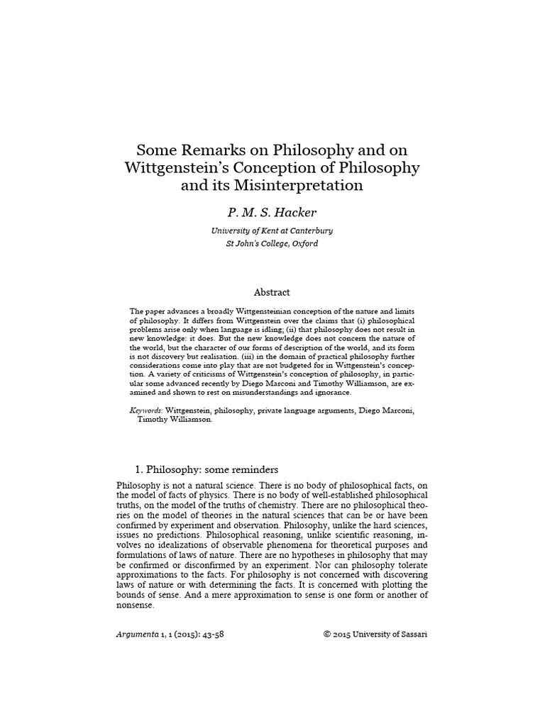 Argumenta 11 Peter Hacker Some Remarks On Philosophy OK | PDF ...