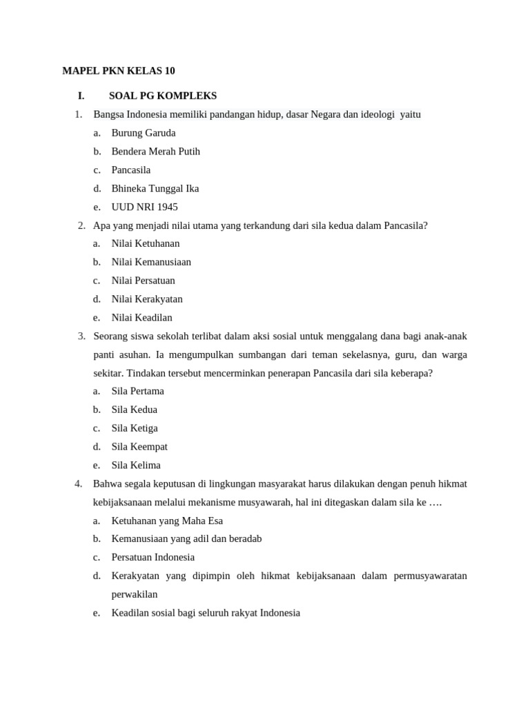 Mapel PKN Soal Kelas 10 Ganjil Kumer 2024 | PDF