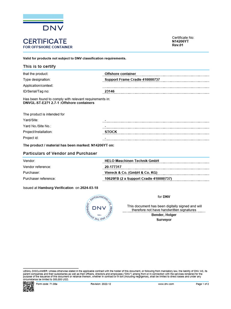 DNV - N14206YT-A0831867-revision1 - Gestell 23146 - 2024 | PDF | Civil ...