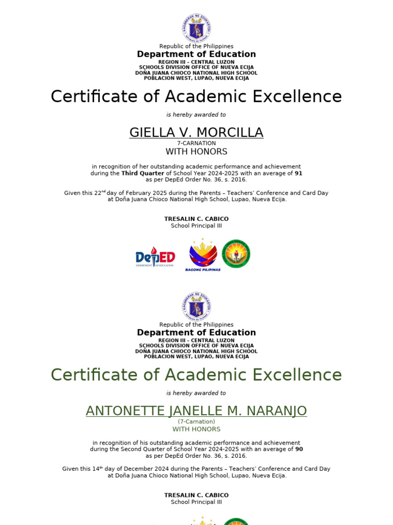 Certificate of Academic Excellence | PDF