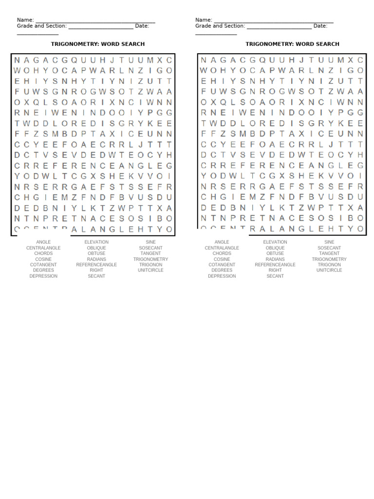 Trigonometry Vocabulary Word Search | PDF