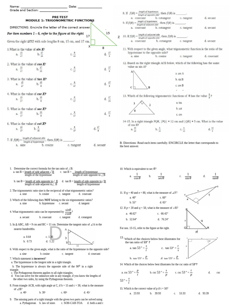 QUIZ NO. 1 TRIGONOMETRIC RATIOS | PDF | Trigonometric Functions ...