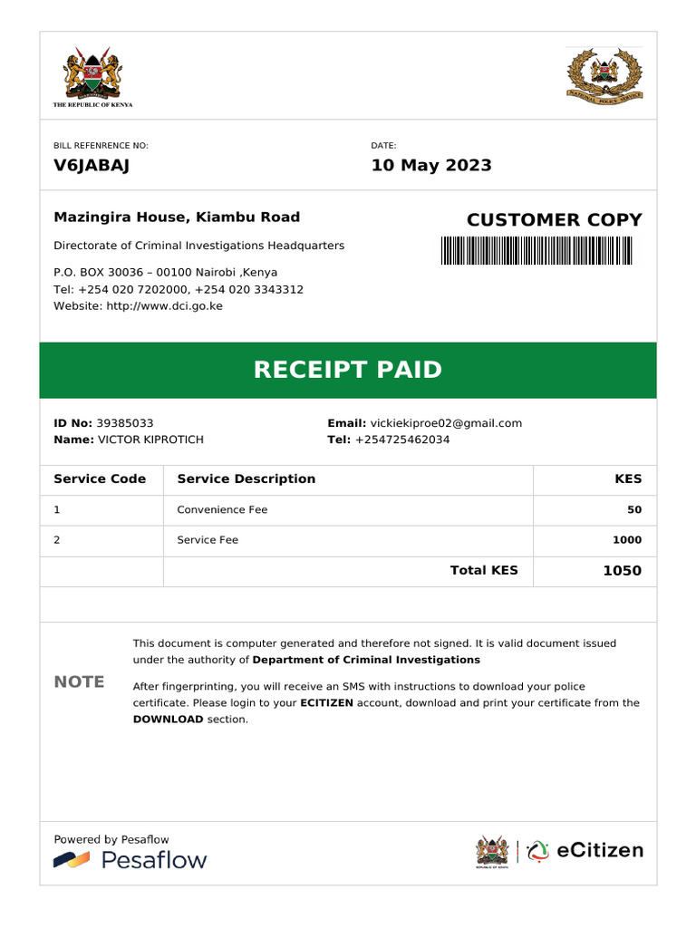 Police Certificate Payment Receipt | PDF