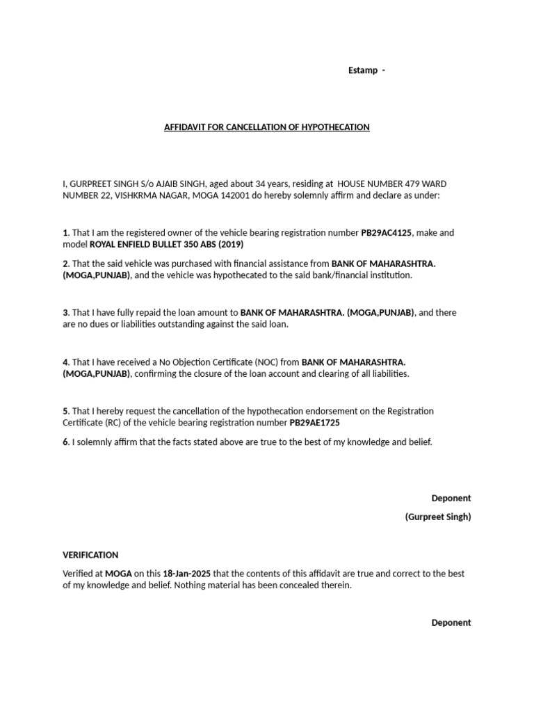 Hypothecation Cancellation Affidavit | PDF