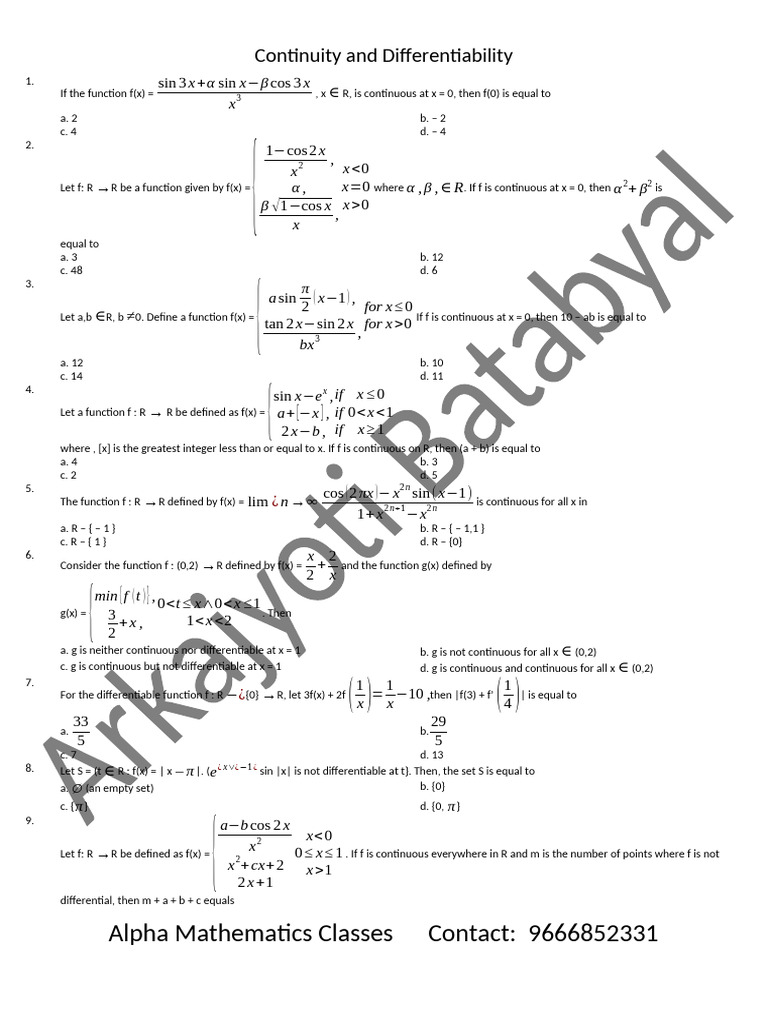 Continuity & Differentiability Quiz | PDF | Function (Mathematics) | Mathematical Objects