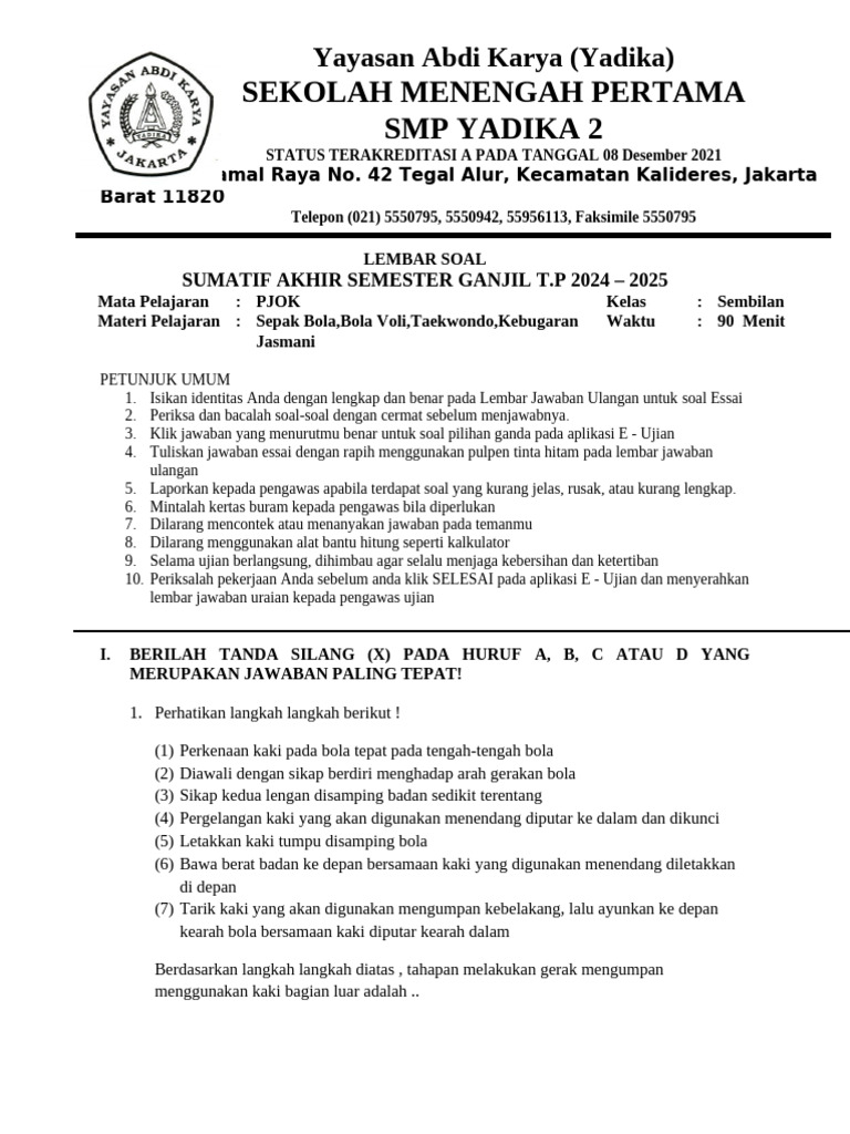 Soal Sas Pjok Kls 9 2024-2025 | PDF