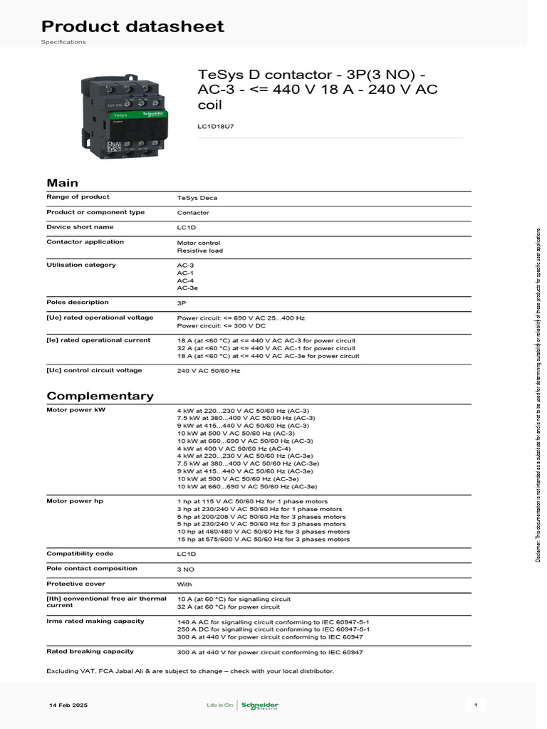 Schneider Electric TeSys-Deca-contactors LC1D18U7 | PDF | Recycling ...
