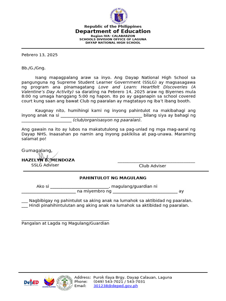 Dayap NHS Valentine's Day Activity Notice | PDF | Philippines