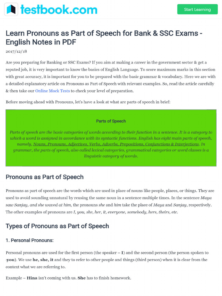 Pronouns As Part of Speech English Notes PDF | PDF