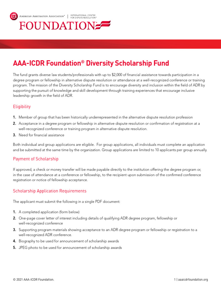 AAA ICDR Foundation Diversity Scholorship Form | PDF | Alternative Dispute Resolution