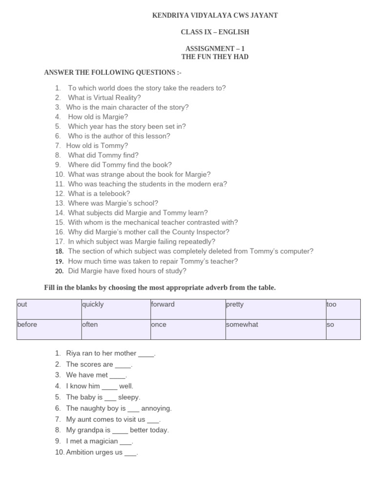 Fun They Had: Class IX Assignment | PDF