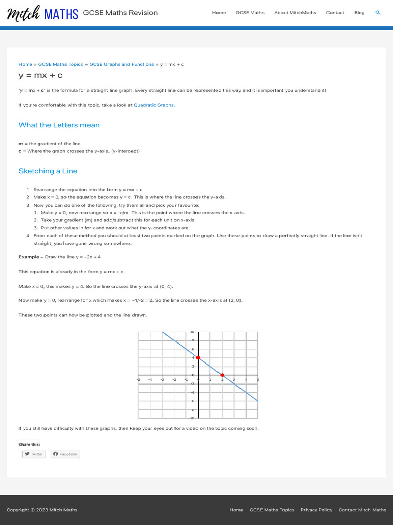 Y MX + C Graphs With Examples - GCSE - Mitch Maths | PDF