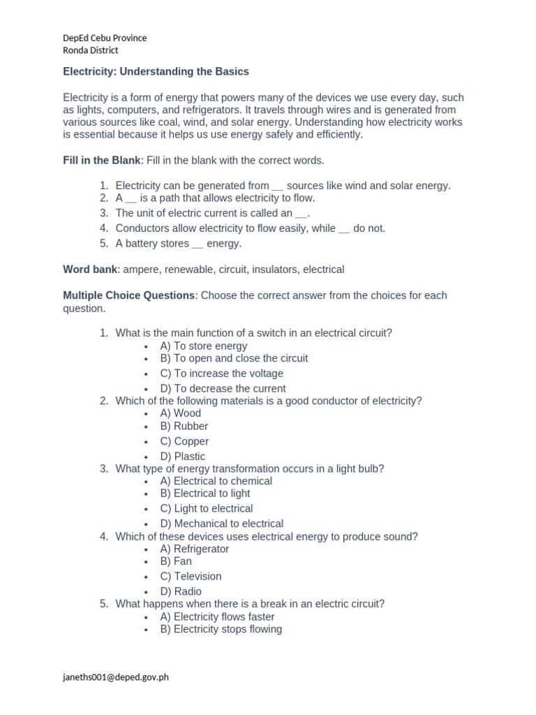 Electricity G5-Quiz | PDF | Electricity | Electrical Conductor