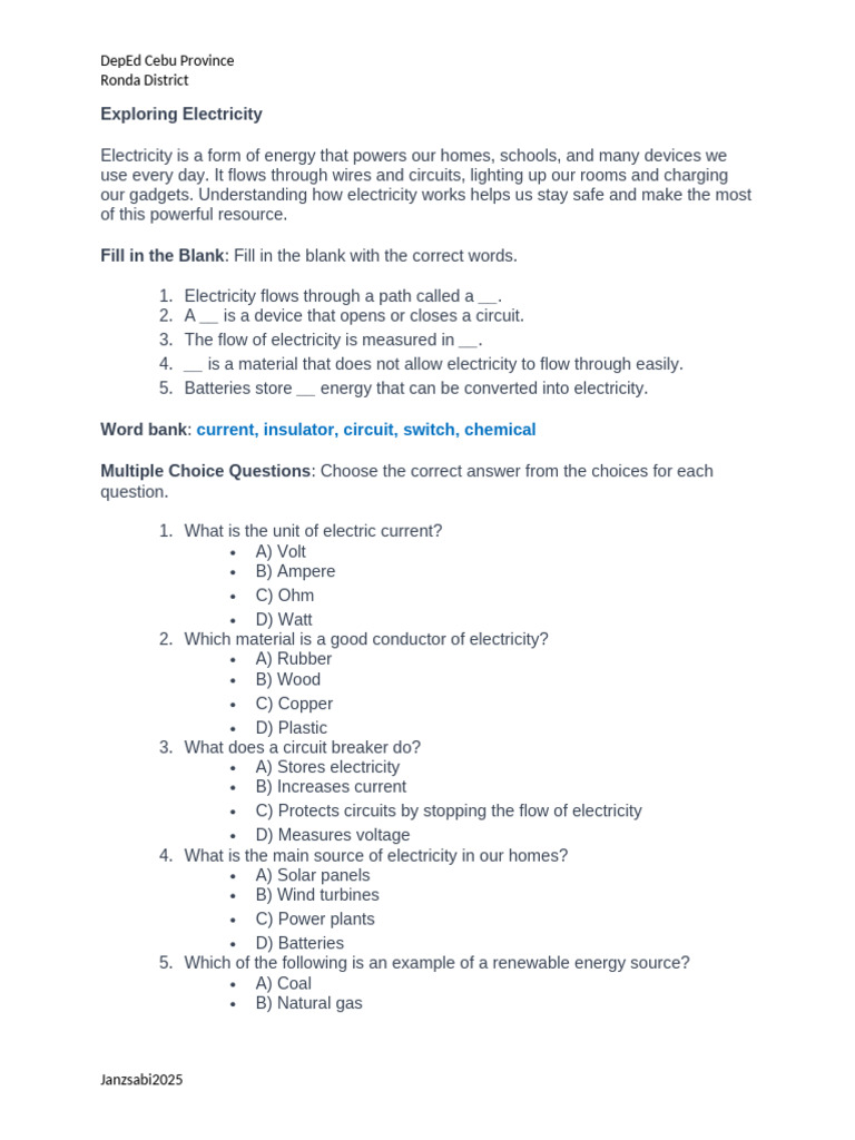 Exploring Electricity - Quiz | PDF | Electricity | Electromagnetism