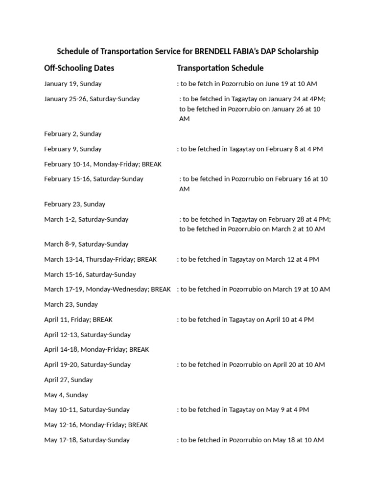 DAP Scholarship Transportation Schedule | PDF