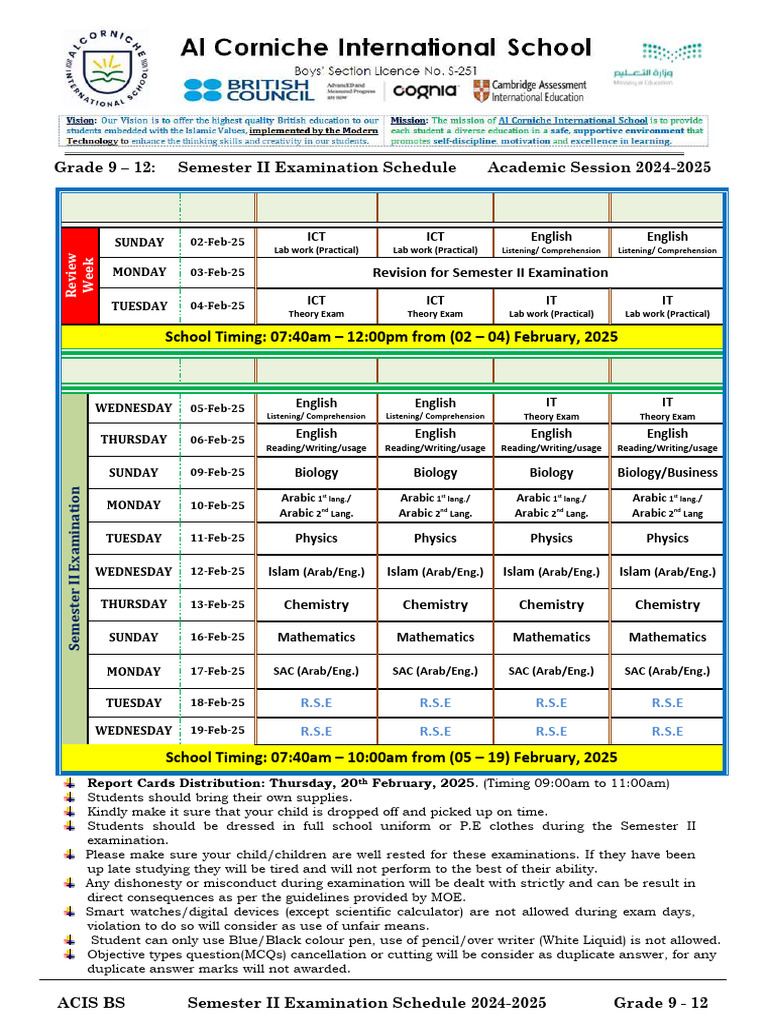 Semester II Examination Schedule 9 - 12 2024-2025 | PDF | Academic Term | Educational Stages