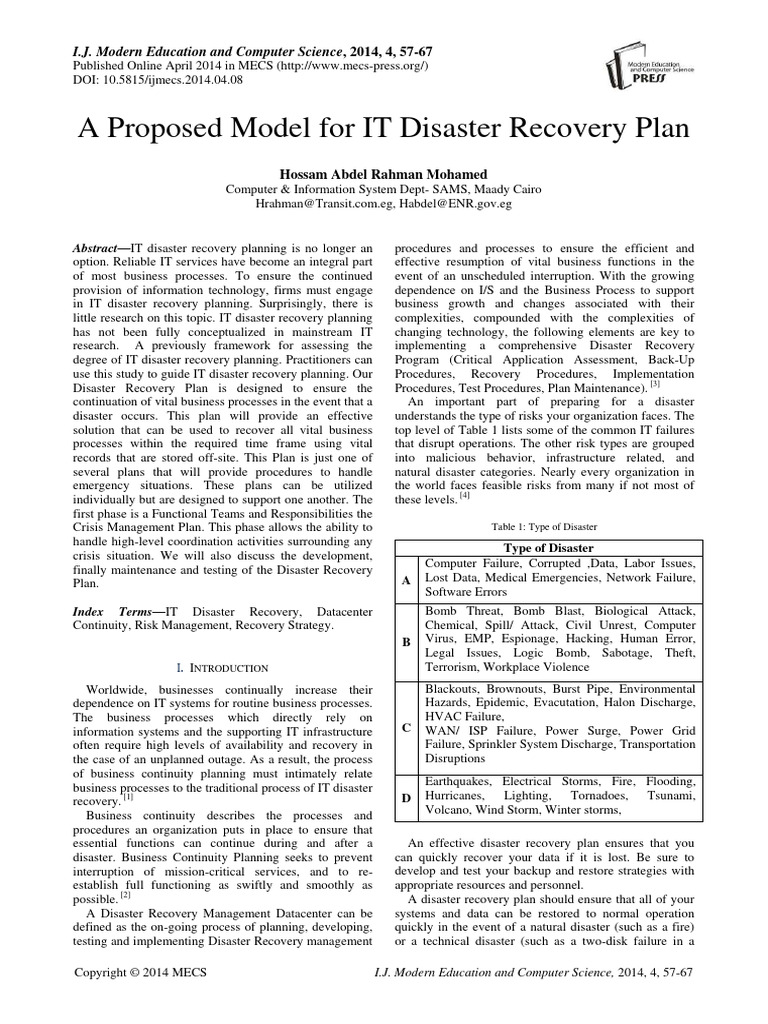 A Proposed Model for IT Disaster Recover Plan | PDF | Backup | Computer Data Storage