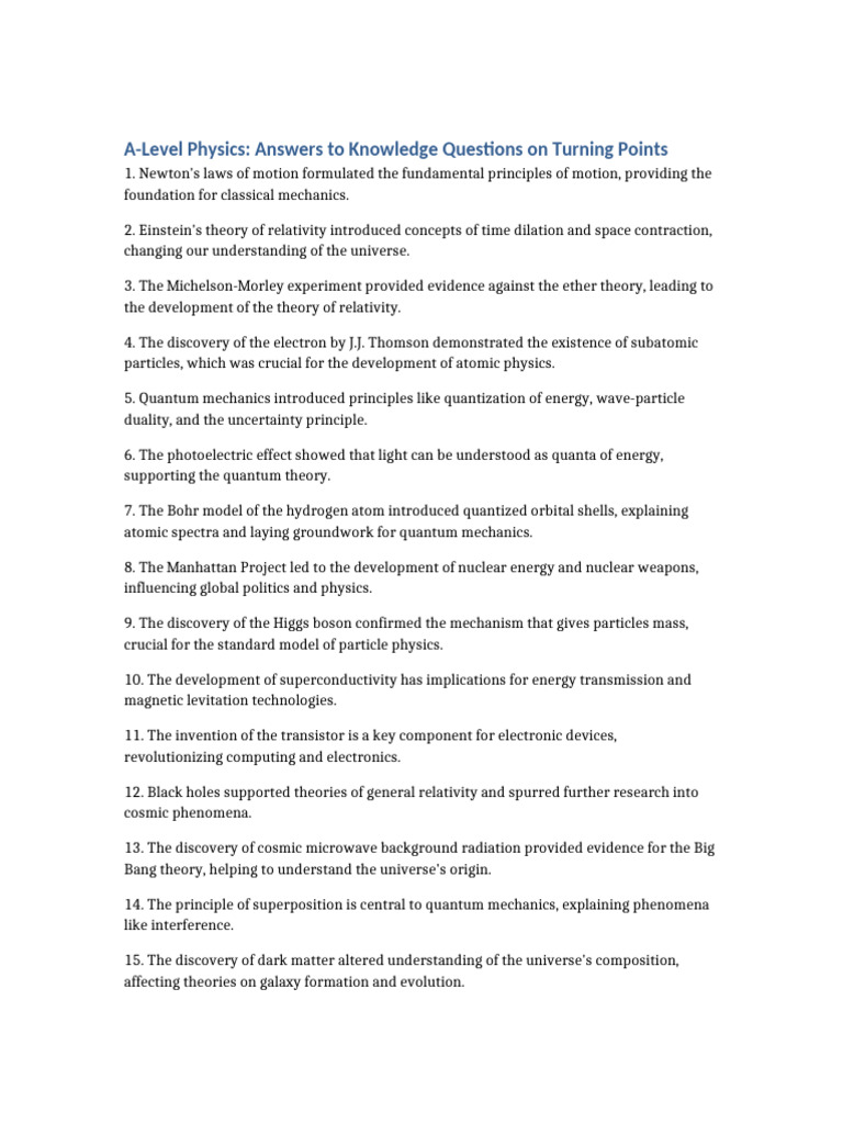 A Level Physics Turning Points Answers | PDF | Physics | Quantum Mechanics