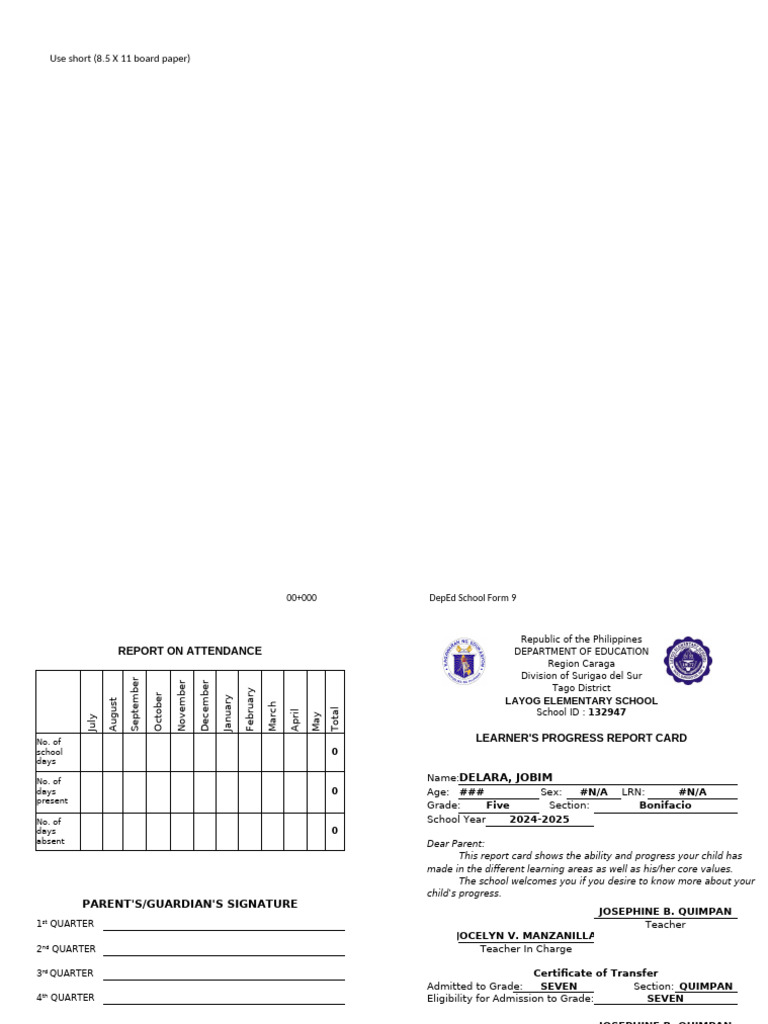 DepEd School Form 9 Report Card | PDF | Learning