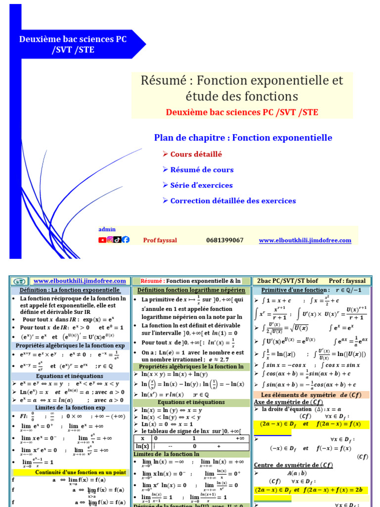 Résumé de la fonction exponentielle 2BAC | PDF | Fonction exponentielle ...