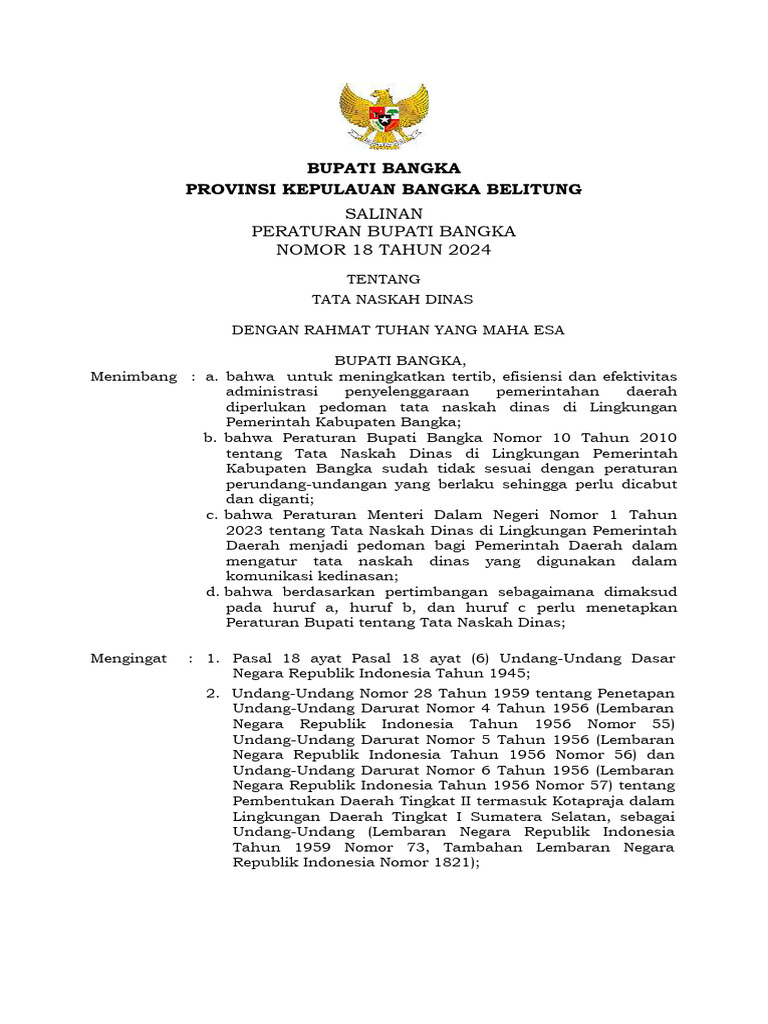Salinan Perbup No. 18 Tahun 2024 Ttg Tata Naskah Dinas | PDF