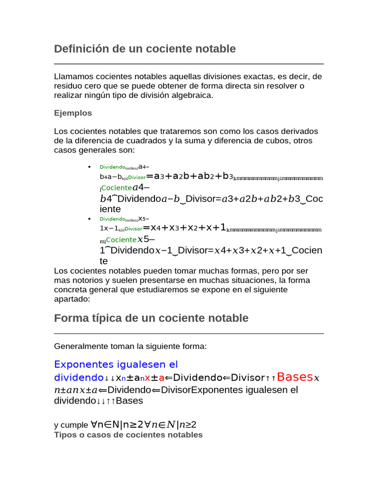 Definición de un cociente notable | PDF | División (Matemáticas ...
