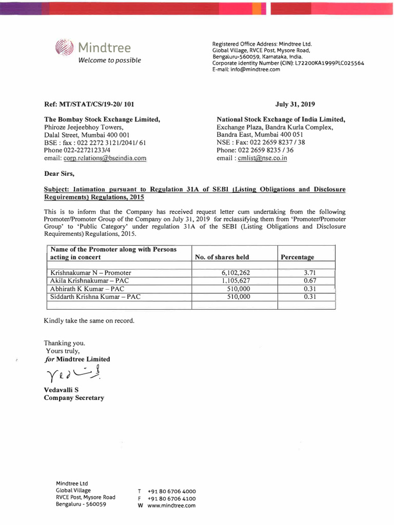 Mindtree Intimation - Promoter declassification | PDF | Stock Exchange | Market (Economics)