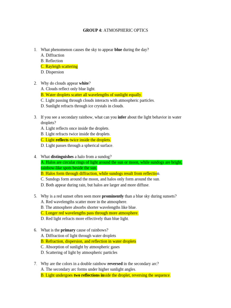 Atmospheric Optics Quiz 1 | PDF | Rainbow | Optics