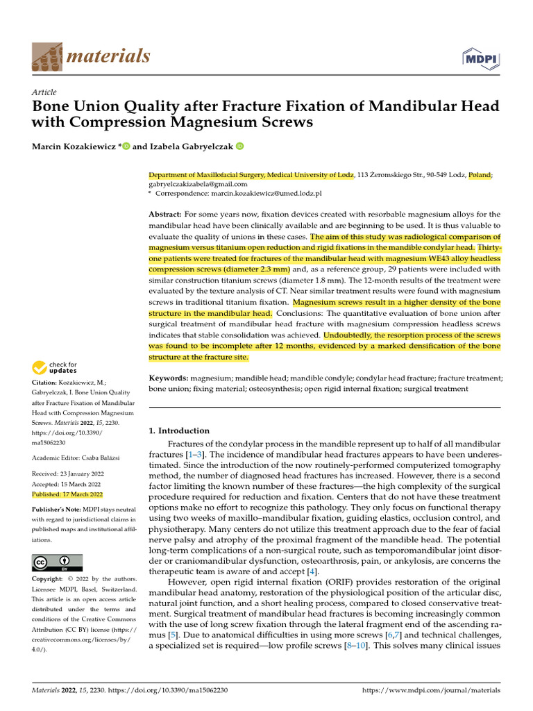 Bone Union Quality After Fracture Fixation of Mandibular Head With ...