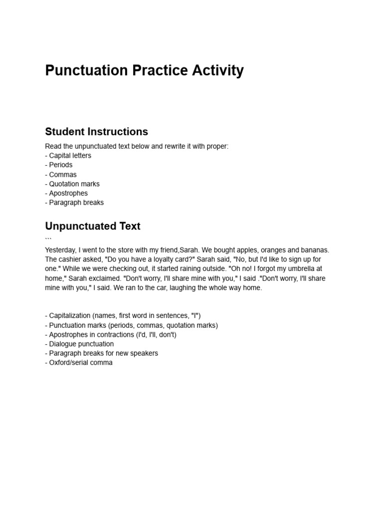 Unpunctuated Text Rewrite Exercise | PDF