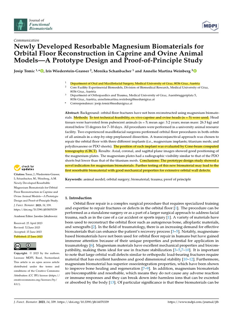 Newly Developed Resorbable Magnesium Biomaterials for Orbital Floor ...