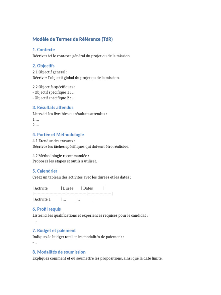 Modèle de Termes de Référence (TdR) | PDF