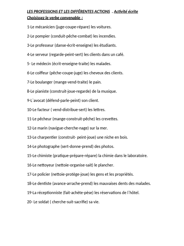 Verbes des professions courantes | PDF