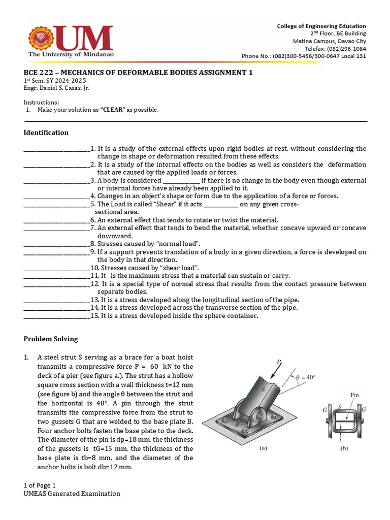 Mechanics of Deformable Bodies Assignment | PDF | Stress (Mechanics ...