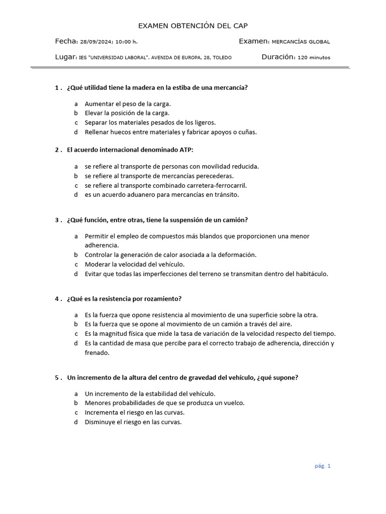 Cuestionarios 5a Prueba Cap 2024 | PDF | Neumático | Camión