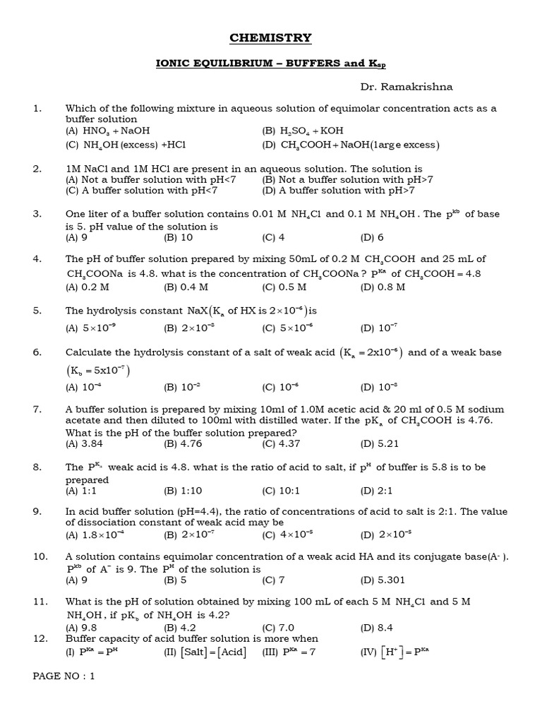 Ionic Equilibrium - Buffers | PDF | Hydroxide | Buffer Solution