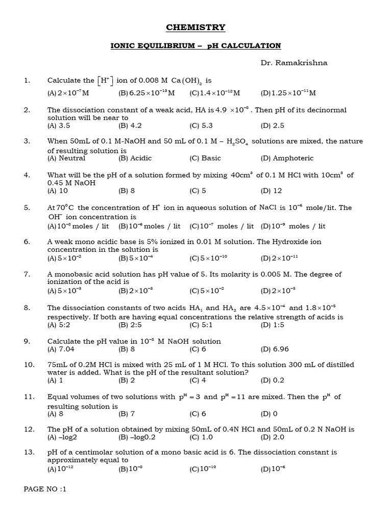 IONIC EQUILIBRIUM - pH CALCULATION | PDF | Ph | Acid