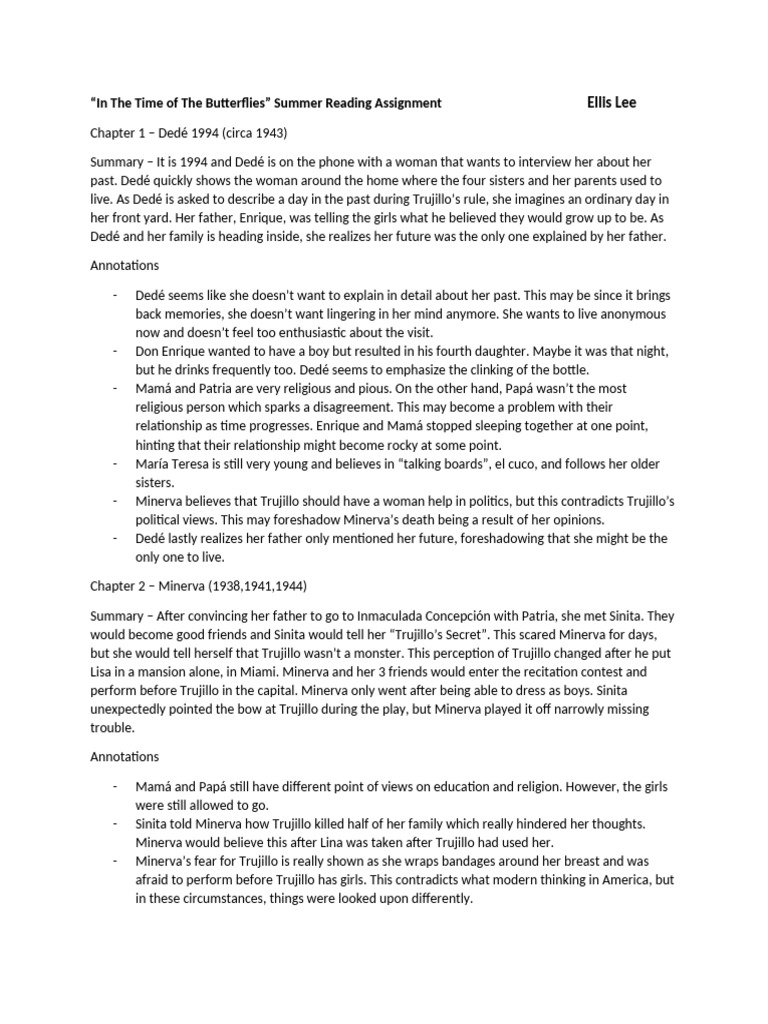 "In the Time of the Butterflies: Chapter Summaries" | PDF
