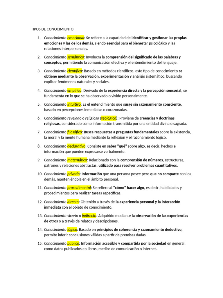 TIPOS DE CONOCIMIENTO | PDF | Conocimiento | Experiencia