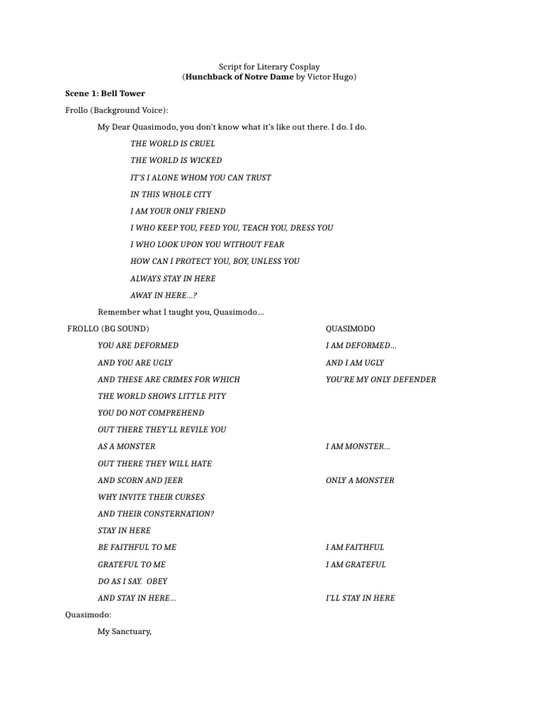 Script For Literary Cosplay | PDF | Esméralda (The Hunchback Of Notre Dame) | Quasimodo